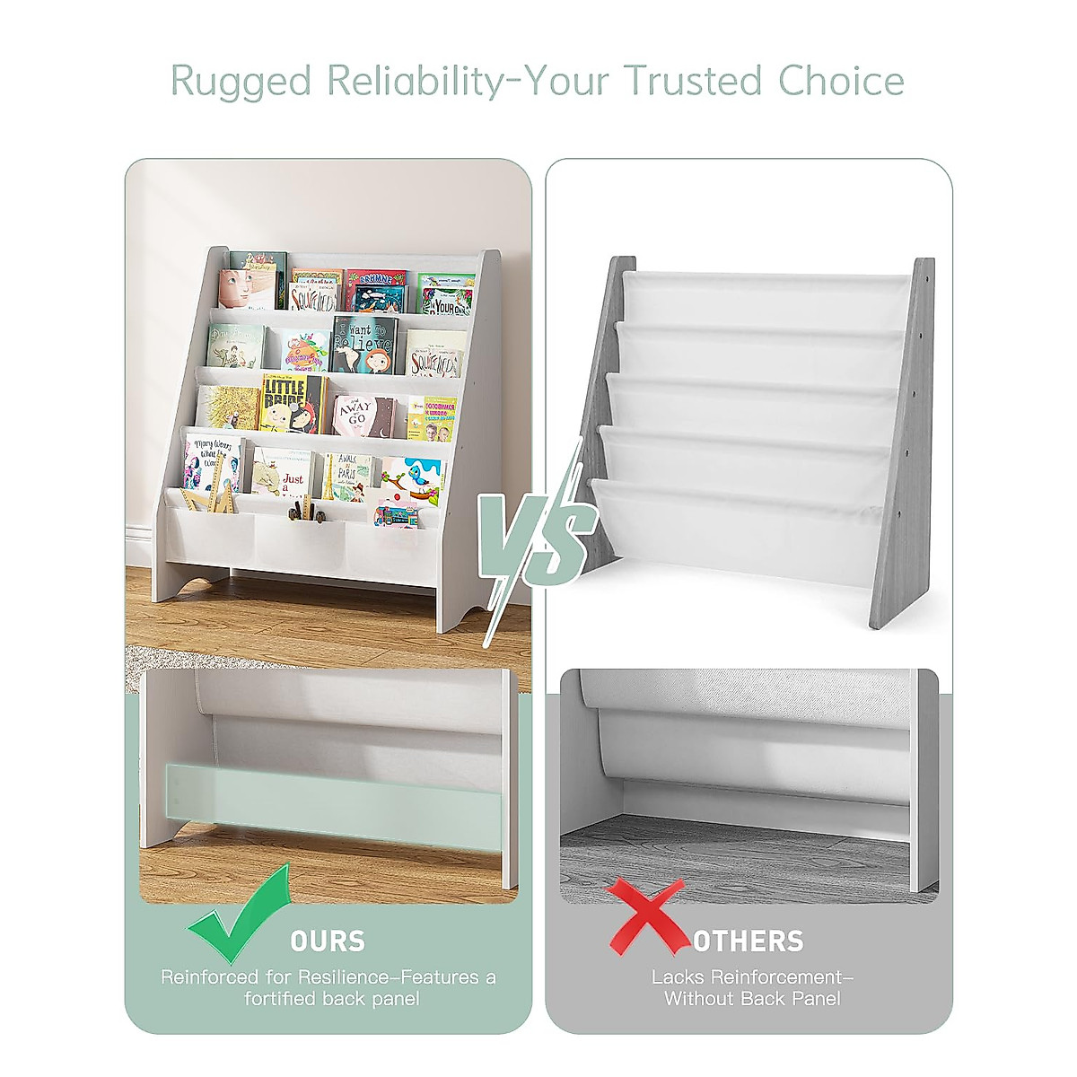 SEIRIONE Sturdy Kids Bookshelf, Book Shelf for Kids Room with Tear-Proof Oxford Sling, Eco-Safe Toddler Bookshelf, Childrens Bookshelf with Ideal Height for Quick Book Access, White/Wood Texture