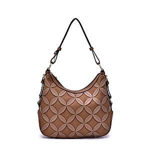 Mellow World Iga Rococo Style Hobo Bag for Women Leaf Pattern with Adjustable Shoulder Strap Cappuccino