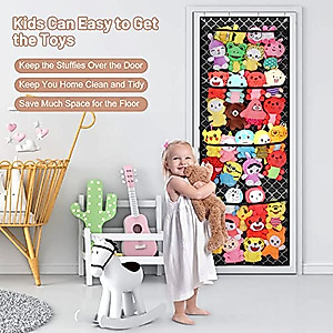 KOHUIJOO Stuffed Animal Storage, Stuffed Animal Holder, Over Door Hanging Mesh Storage Organizer Net Bags for Stuffed Animals Baby Toy Plush Storage for Nursery and Kids Room with Support Rods(Black)