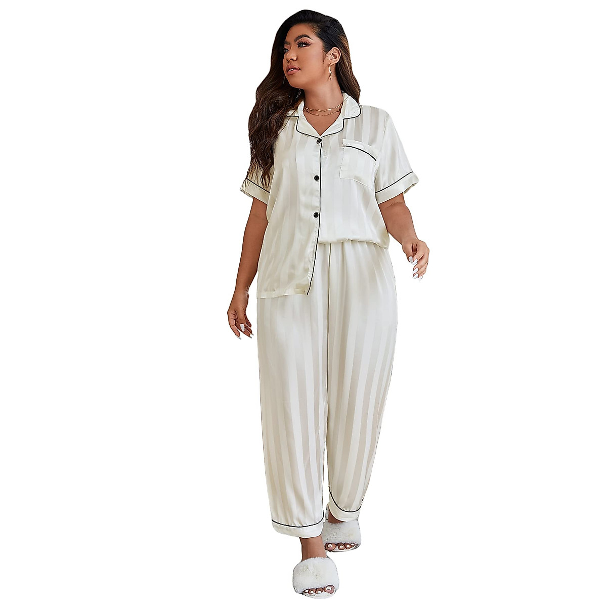 OYOANGLE Women's Plus Size Satin Pajama Set Silky Short Sleeve Button Down Tops and Pants Sleepwear Loungewear White 3XL