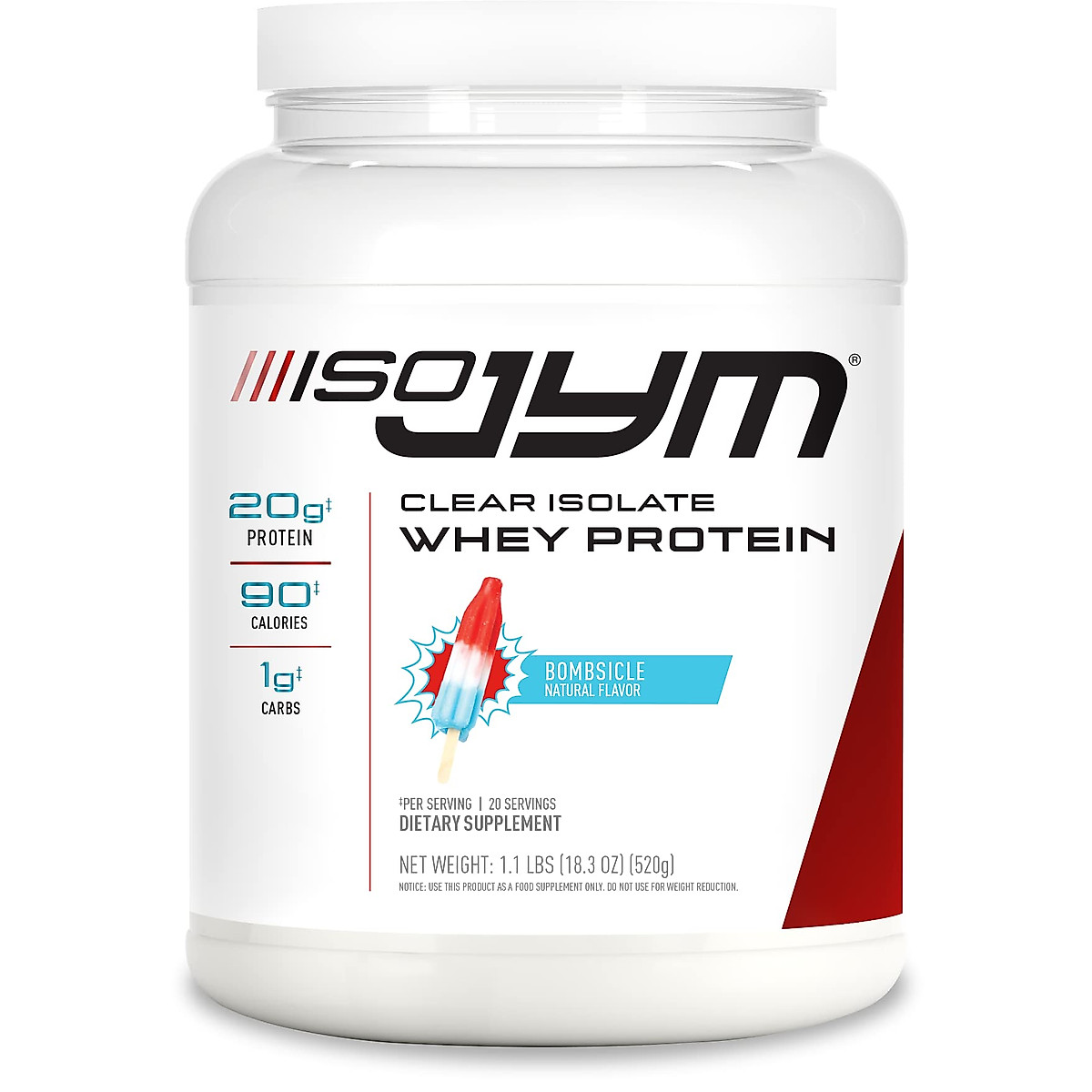 JYM Supplement Science Iso JYM Bombsicle, 90 Calories, 100% Whey Protein Isolate, Zero Fat, Zero Sugars, Mixes Clear, for Women & Men, 20 Servings