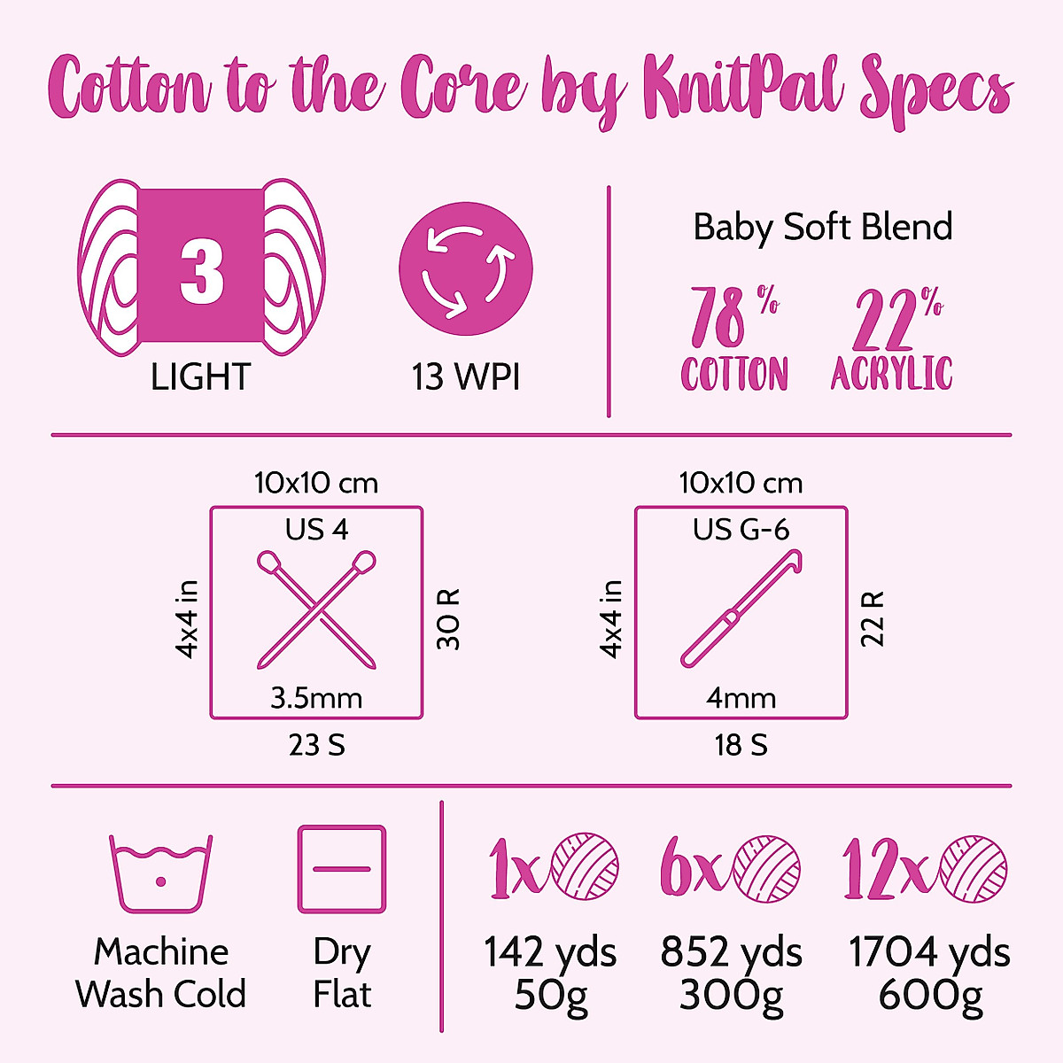 Cotton to The Core Cotton Yarn for Crocheting, 6 Skeins, 852Yds/300G, Free Patterns - Soft Baby Yarn for Knitting - 3 DK Light Worsted Weight - Lilac Blue