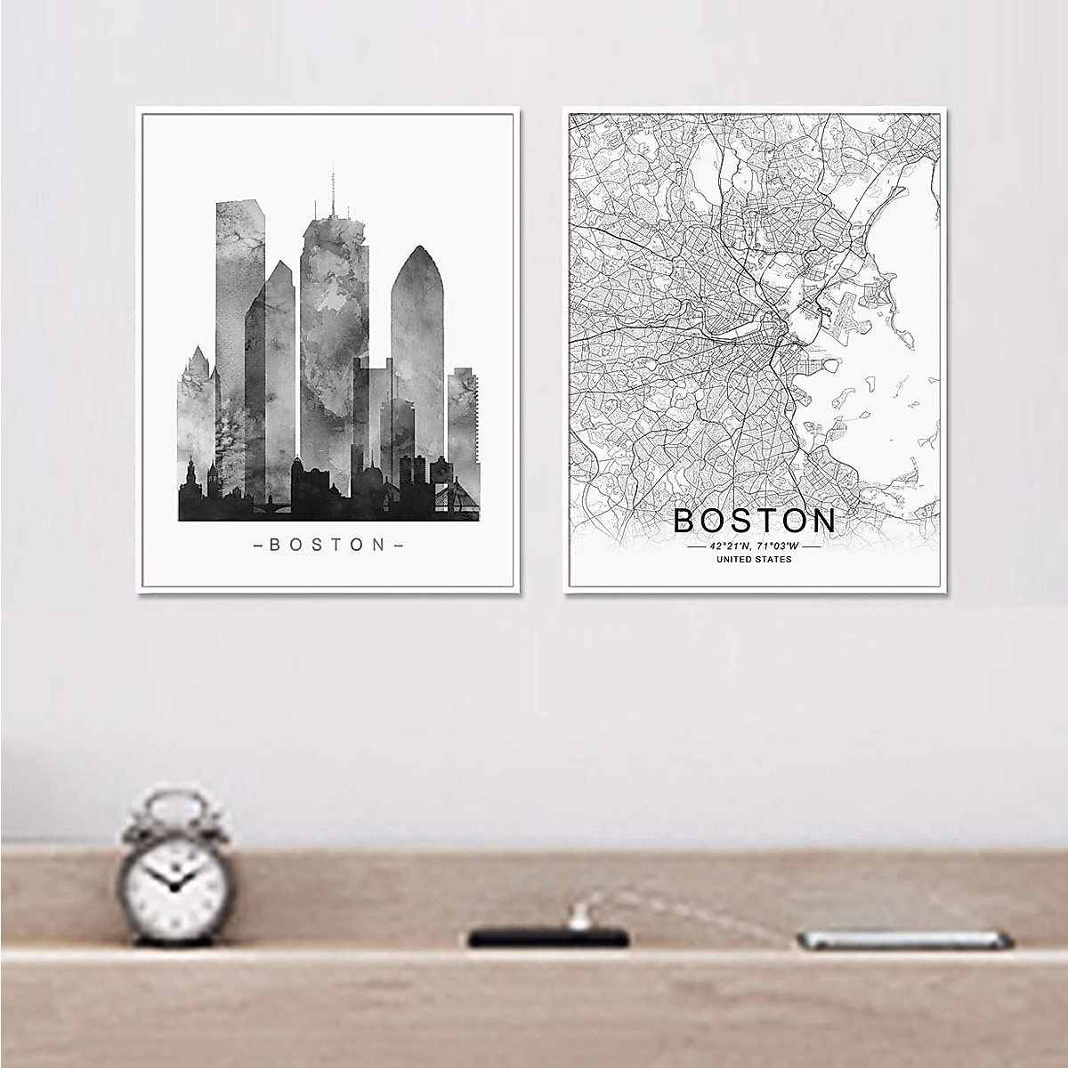 Boston Skyline, Boston Wall Art, Boston Street Map, Watercolor Skyline Print, Building Wall Decor, Office Wall Art, Boston Map Print, Set of 2 Prints, 11X14 Inch Unframed