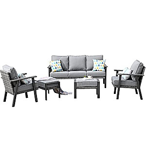 ovios Patio Furniture Set 5 PCS All Weather Outdoor Wicker Rattan Sofa Set with Ottomans High Back Sofa Thick Cushion Garden Backyard Porch (Dark Grey)
