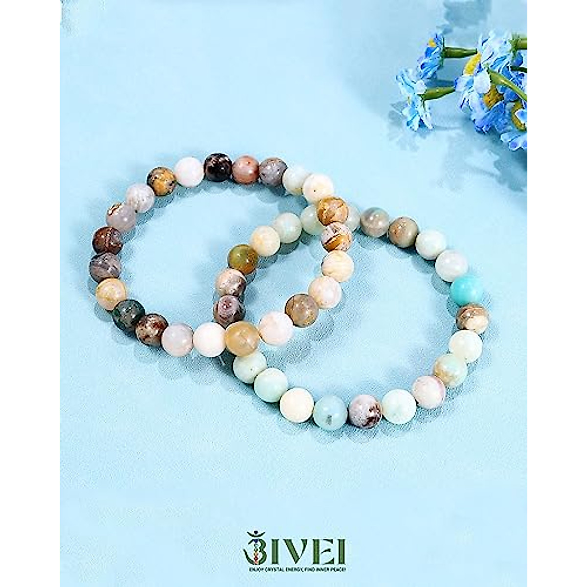 Bivei Natural Gem Semi Precious Reiki Healing Crystals Handmade 8mm Round Beads Stretch Bracelet