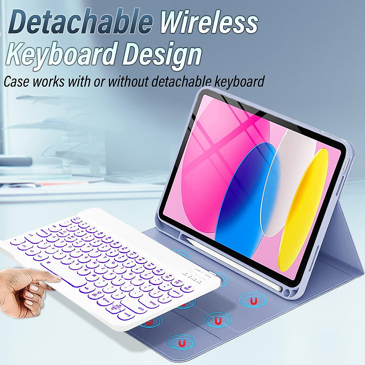 REAL-EAGLE Backlit Keyboard Case for iPad 10th Generation (2022) 10.9 Inch with Screen Protector, 7 Colors Light Wireless Detachable Keyboard with Purple Protective Folio Cover Case