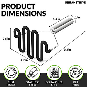 Urbanstrive Non-Scratch Silicone Potato Masher Kitchen Tool, Potatoes Masher Potato Masher Stainless Steel Wrapped In Premium Silicone, Potato Smasher, Black