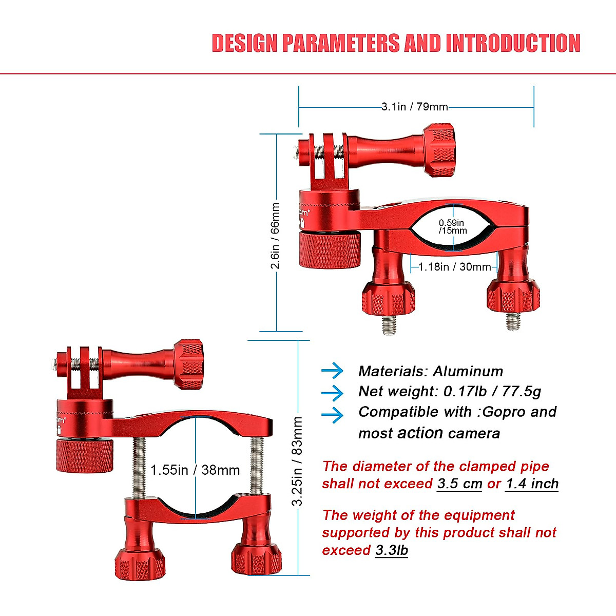 Forevercam Bike Handlebar Mount for Gopro Hero 13/12/11/10/9/8/Insta360/AKASO/DJI Osmo Aluminum Bike/Motorcycle Mount 360°Rotation and Lock Any Direction（Red）