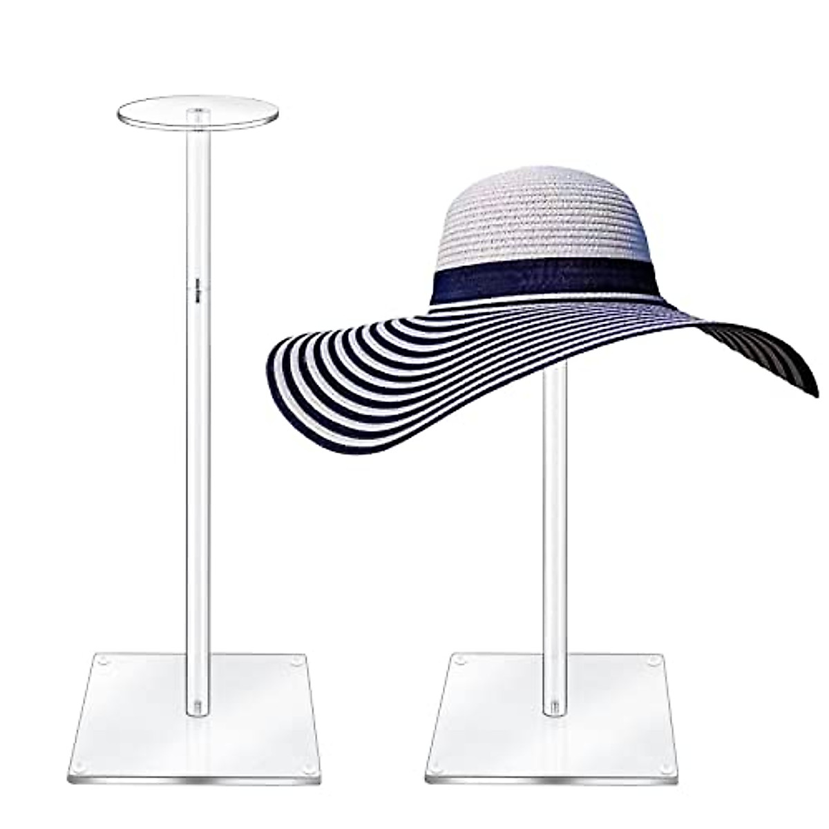 RSSCIIIUL Acrylic Hat Stand and Wig Display Rack, 2pcs 17" Clear Hat Stands for Display, Adjustable Height Hat Holder, Square Barbell Base Display, Hat Rack Stand for Display Jewelry Watch Helmets