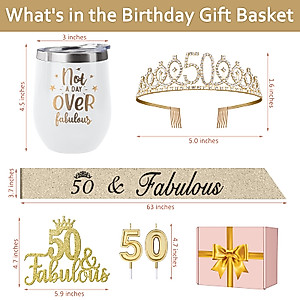 Juesly 50th Birthday Gifts Women Including 12oz Tumbler/Mug for Wine or Coffee, 50th Birthday Decorations Women Crown, Sash, Cake Topper and Candles, 50 Year Old Birthday Gifts Idea