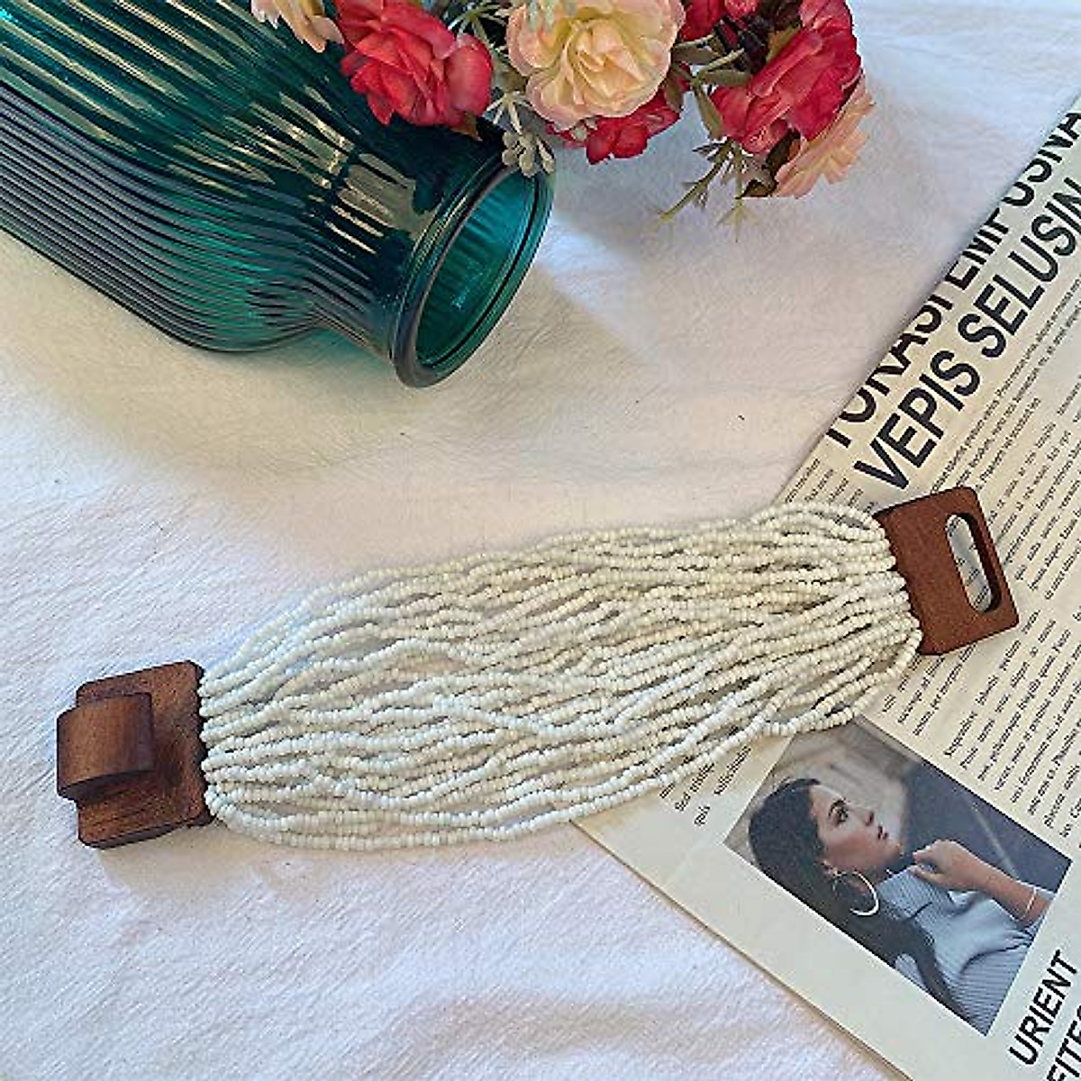 Coiris Wooden Buckle Clasp Elastic Stretch Multi Layers Seed Beads Wide Wrap Bracelet for Women (BR1167-white)