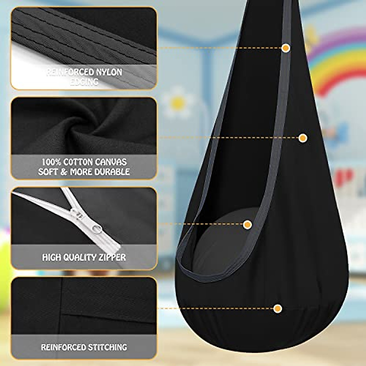 Gold Armour Kids Pod Swing Seat, Child Hammock Chair with Inflatable Pillow, 100% Cotton Hanging Chair for Outdoor and Indoor, Max 176Lbs (Black)