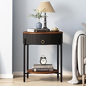 OIOG Modern Side Table with Drawer, Industrial 2 Tier End Table with Shelf, Wood Grain Nightstand with Storage for Living Room, Bedroom, Office, Dorm, Black