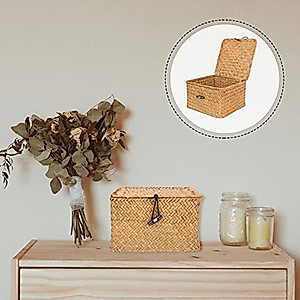 Straw Storages Baskets With Lid: Handwoven Wicker Storage Bins Square Household Organizer Boxes Shelf Wardrobe Organizer Case for Desktop Home Decoration