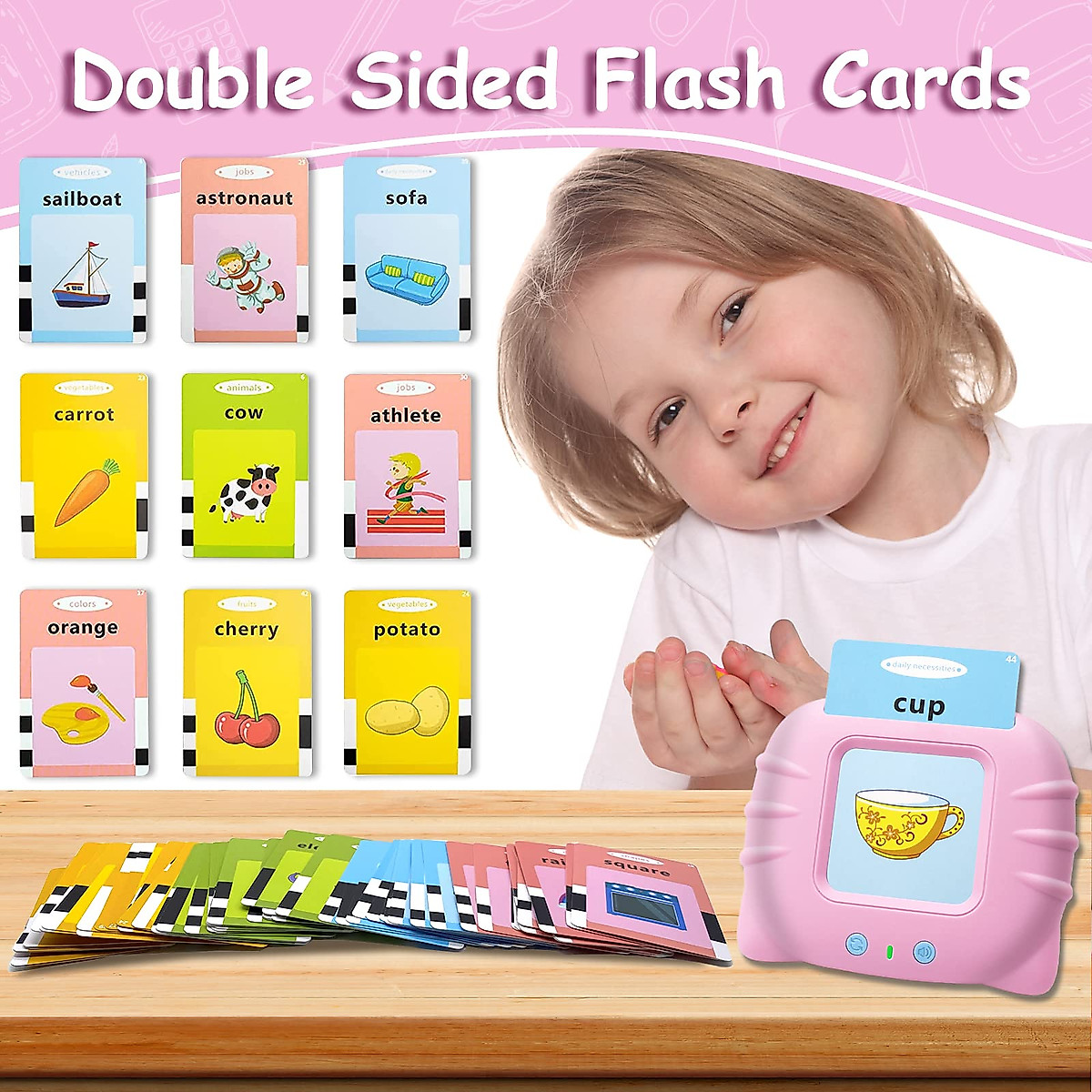 Talking Flash Cards Educational Toys - Talking Flashcards Learning Toys for Toddlers - Montessori Toys Flash Cards for Age 2 3 4 5 6 Pink
