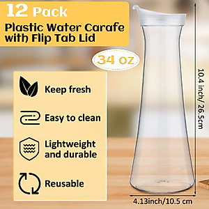 12 Pcs Water Carafe with Flip Tab Lid 34oz Clear Plastic Water Juice Pitcher Heavy Duty Drink Containers Jugs for Fridge for Mimosa Bar, Brunch, Cold Water, Juice, Wine, Milk, Iced Tea, Lemonade