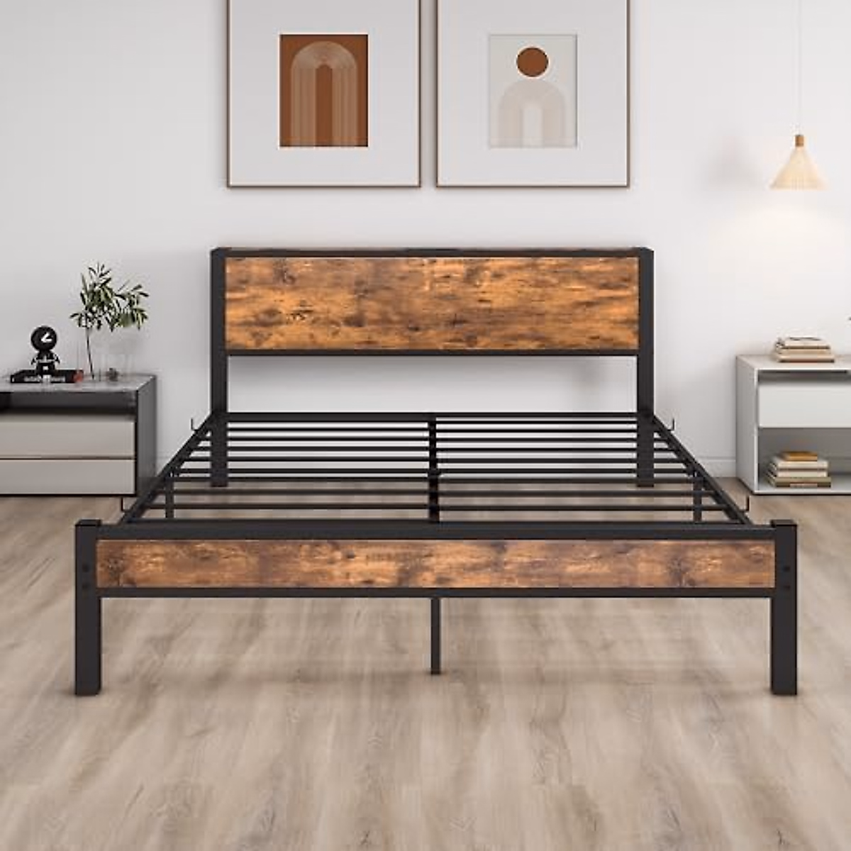 DUMEE Metal Queen Bed Frame with Wood Storage Headboard with USB Ports and Charging Station, Metal Platform Bed Frames Queen Size, No Box Spring Needed, Noise Free, Black & Rustic Brown