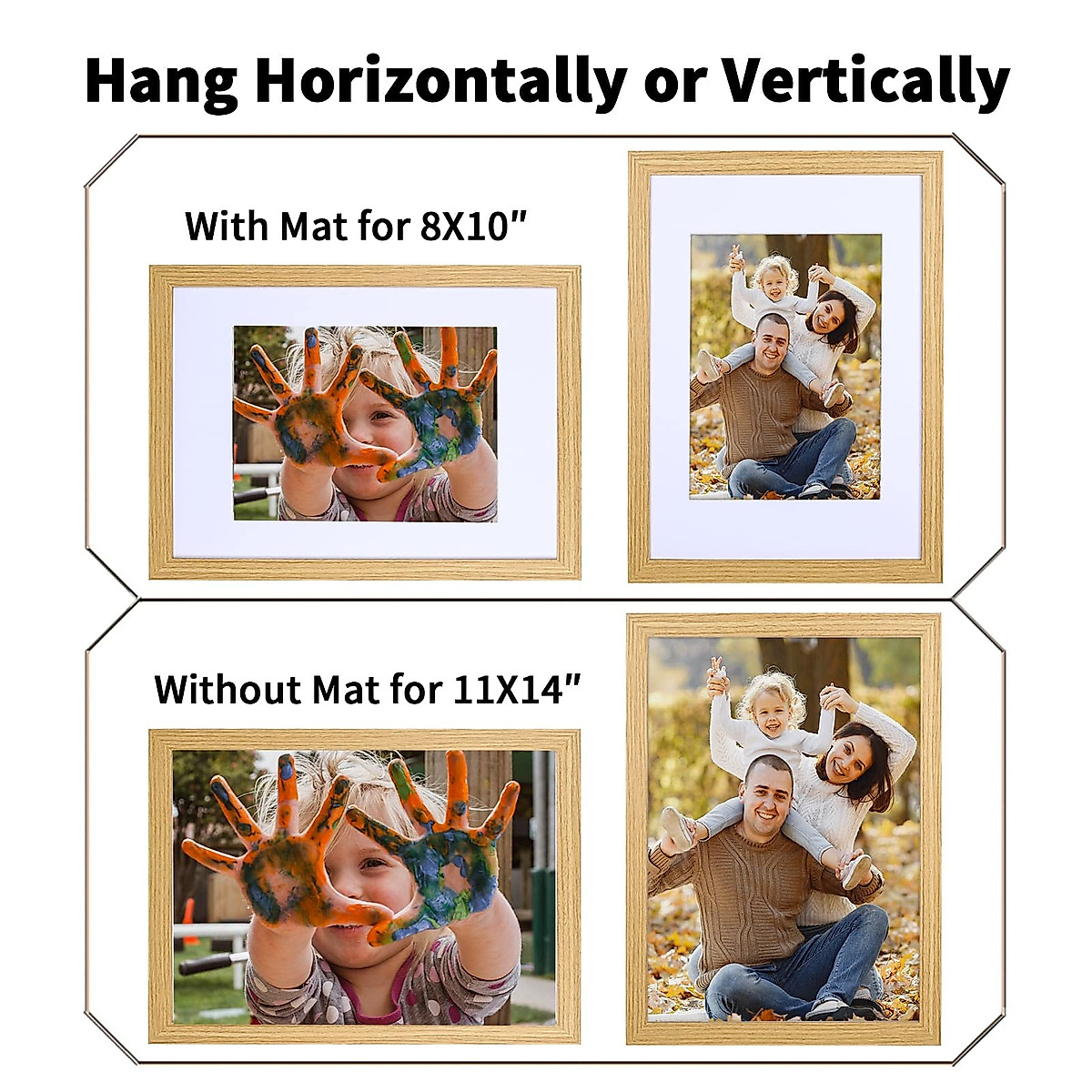 SEEDLING PHOTO FRAME 11x14 Picture Frame Set of 4, Display Pictures 8x10 with Mat or 11x14 Without mat,Wall Natural Wood Picture Frames 11x14(Natural Wood)