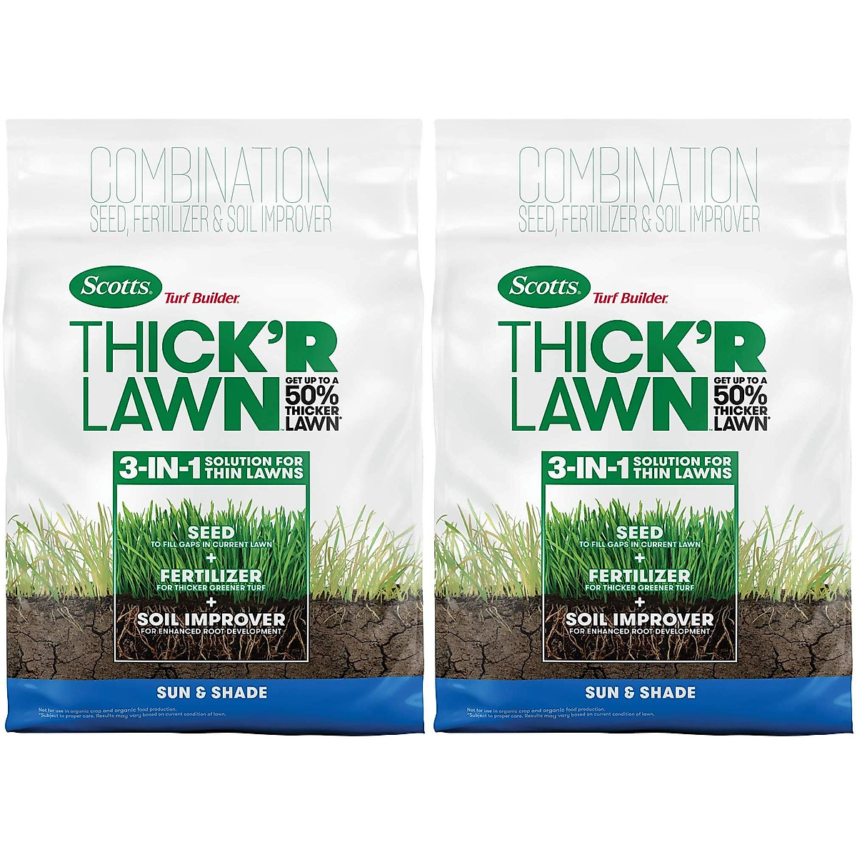 Scotts Turf Builder Thick'R Lawn Sun and Shade, 12 lb. - 3-in-1 Solution for Thin Lawns - Combination Seed, Fertilizer and Soil Improver for a Thicker 2 Pack