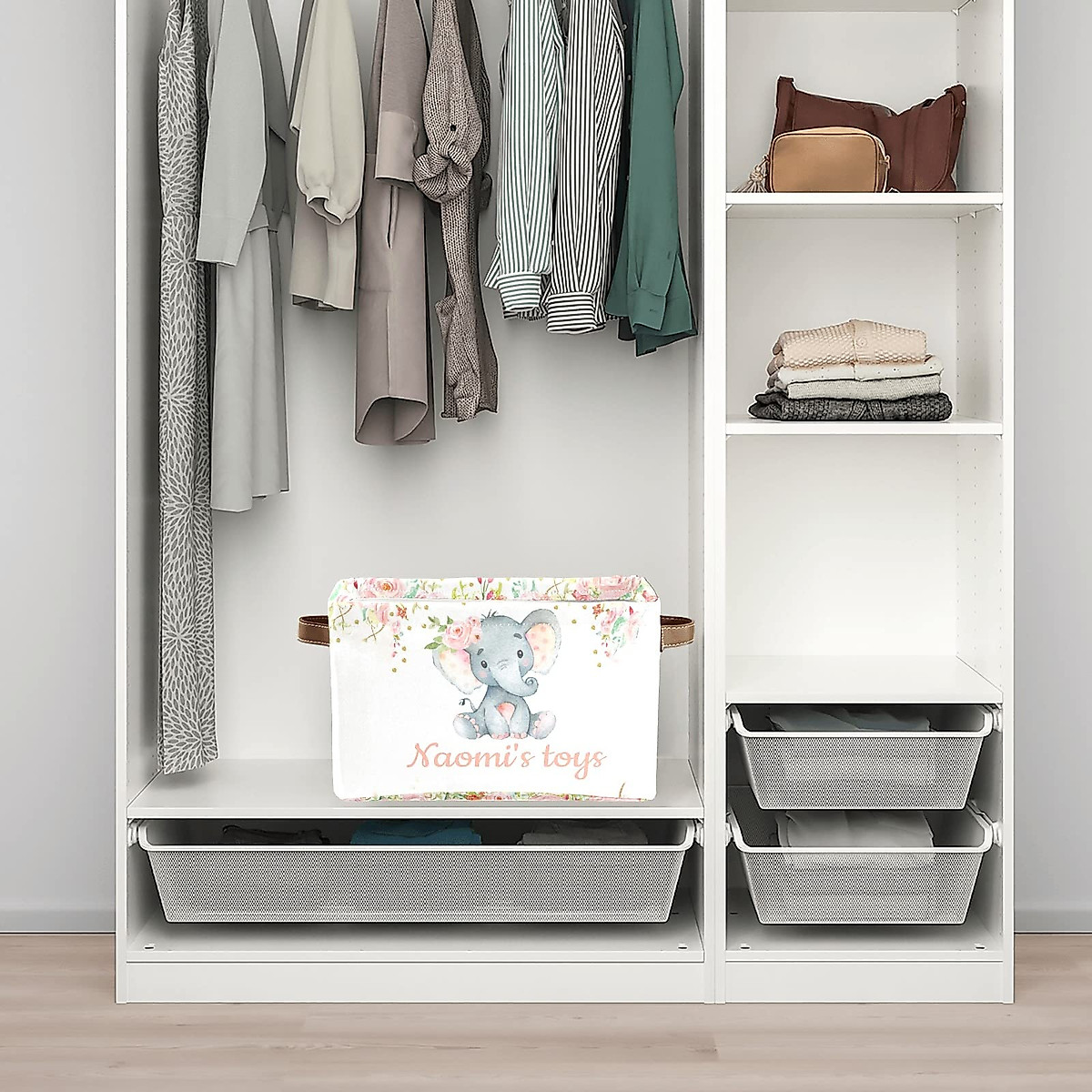 Joyestore Pink Flower Elephant Personalized Storage Bins ,Baskets Cubes Organizer with Handle for Shelves Closet Nursery Toy 2 Packs