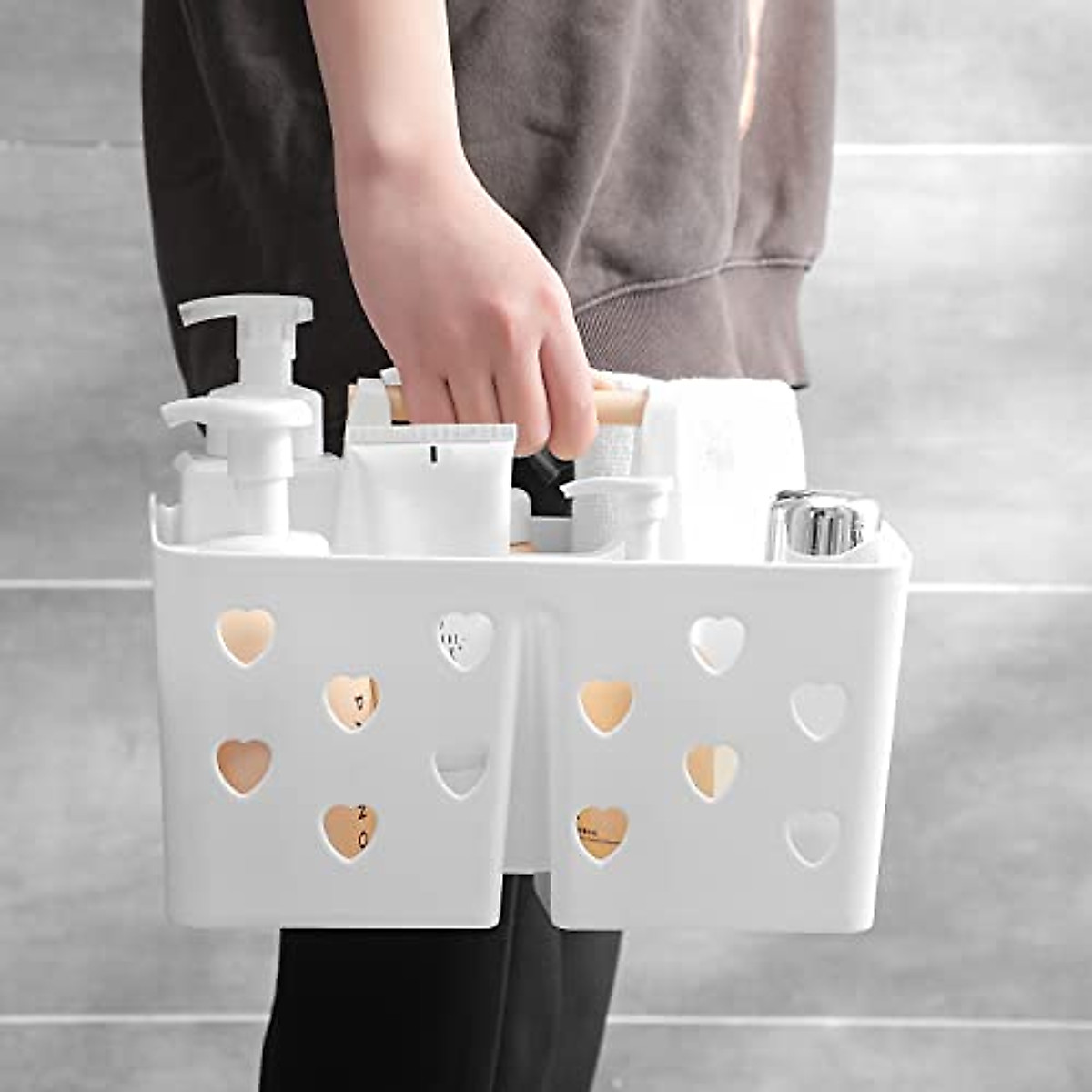 Anyoifax Portable Shower Caddy Plastic Basket with Wood Handle Divided Shower Tote Storage Organizer with Compartments for Bathroom, College Dorm, Kitchen, Bedroom - White