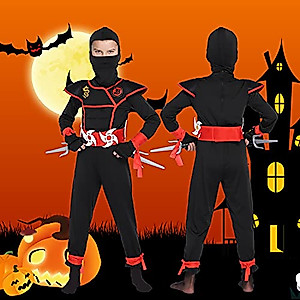 ThinkMax Boys Ninja Costume for Kids Halloween Dress Up Party with Ninja Foam Accessories Toys (M 7-9 Years)