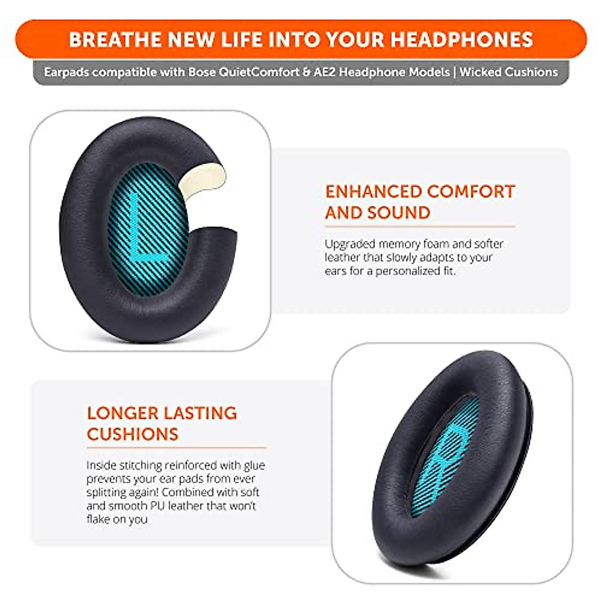 WC Wicked Cushions Premium Replacement Ear Pads for Bose Headphones - Compatible with QC15 / QC25 / QC35 & 35 ii / QC2 / AE2 / AE2i / AE2W / Soundlink - Softer Leather, Luxury Memory Foam | Black