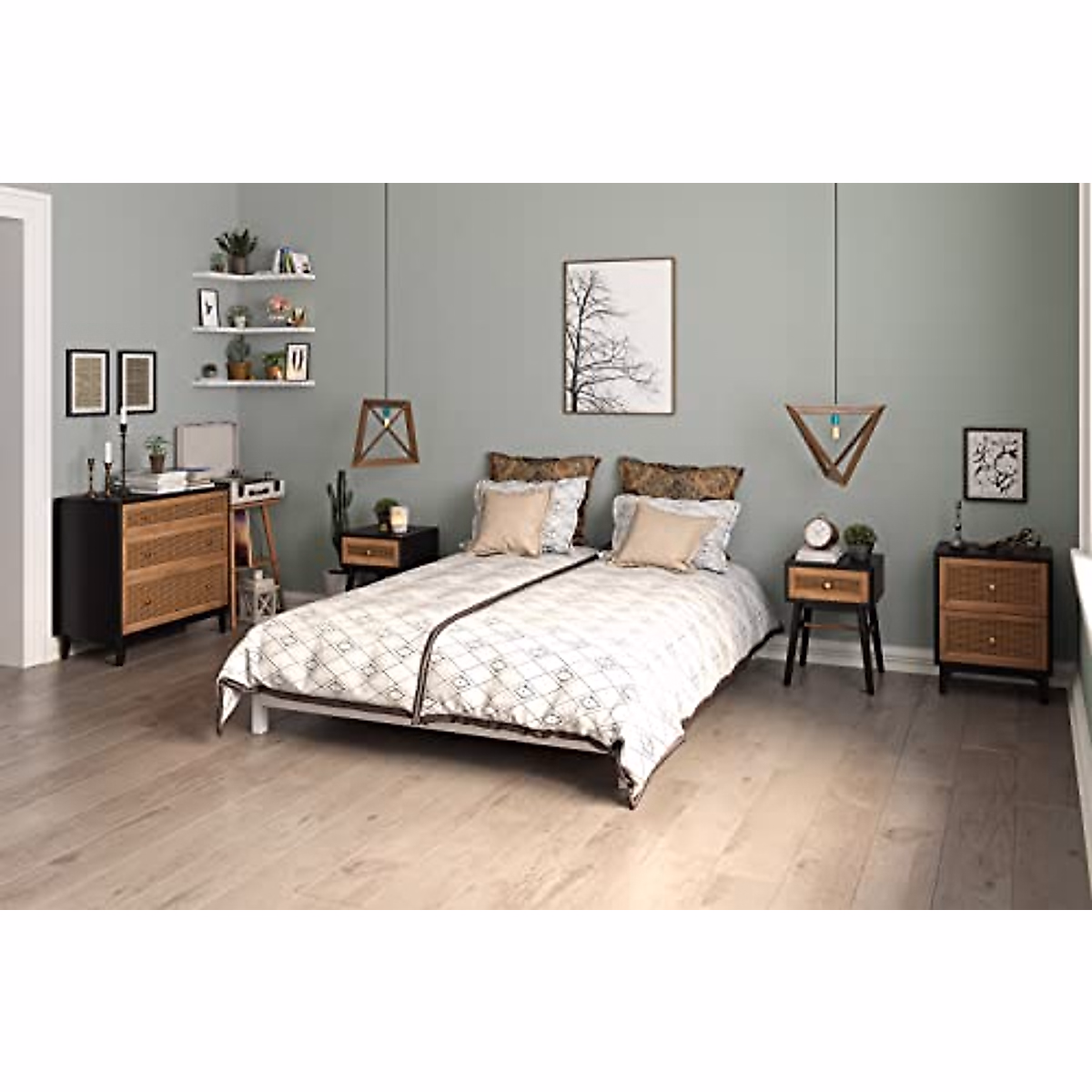 COZAYH Fully-Assembled 2-Drawer Woven Cane Front Accent Nightstand with Brass Knobs for Living Room, Bedroom, Black