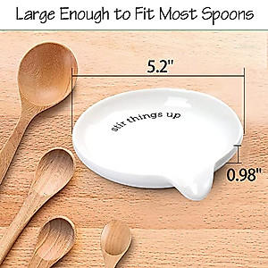 LotFancy Spoon Rest, Ceramic Spoon Holder for Kitchen Counter, Spatula Holder for Stove Top, Large Utensil Rest for Ladle, Teaspoon, 5.2Inch, White（Stir things up)