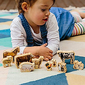 THE FRECKLED FROG My Farm Animals - Set of 10 - Ages 1+ - Wooden Blocks for Toddlers - Includes Horse, Rooster, Sheep, Cows and More - Double-Sided