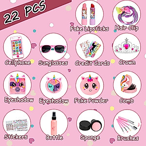 Play Purse Little Girls Toys - Fake Pretend Makeup for Toddlers with Girls Purse Pretend Play Girls Toys for 3 4 5 6 Year Old Toddler Purse Fake Kids Phone Birthday Gifts for Girls