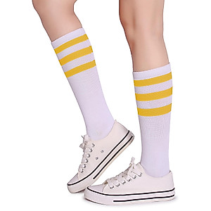 Pareberry Classic Triple Stripes Soft Cotton On the Calf Retro White Tube Socks (A-pair(Yellow/White))