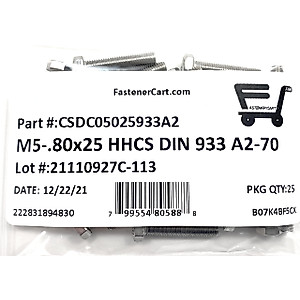 M5-.80 X 25 Hex Head Cap Screw Hex Bolts DIN933 (M5x25) Full Thread A2-70 Stainless Steel (25 Pieces)