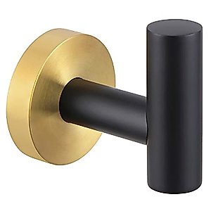 APLusee Robe Towel Hook Matte Black and Gold, 304 Stainless Steel Single Prong Coat Hook Bathroom Kitchen Garage Home Storage Round Utility Hanger