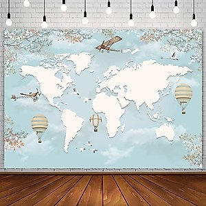 Sendy 7x5ft A New Adventure Begins Travel Backdrop Baby Shower Party Decorations for Boy World Map Around World Adventure Awaits Airplane Birthday Bridal Shower Photography Background Photo Banner