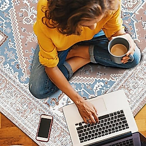 Washable Rug 9'x12' Area Rug for Living Room Bedroom Rug Lightweight Large Area Rug Thin Vintage Rug No Smell Machine Washable Rug Accent Rug for Dining Room Home Kitchen, Blue