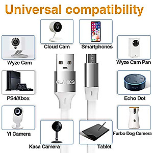 GLANICS 20ft Micro USB Cable, Micro USB Power Extension Cable, Charging and Data Sync Cable for Wyze Cam, Cloud Cam, Android Phone, Mobile Powe and Other Devices (White)
