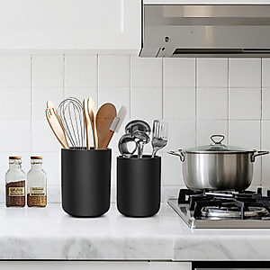 YKDGBRE Ceramic Utensil Holder for Kitchen Counter, Black Kitchen Utensil Holder for Countertop, 2 Pcs Cooking Utensil Crocks for Spatula, Spoon, Forks, Plant