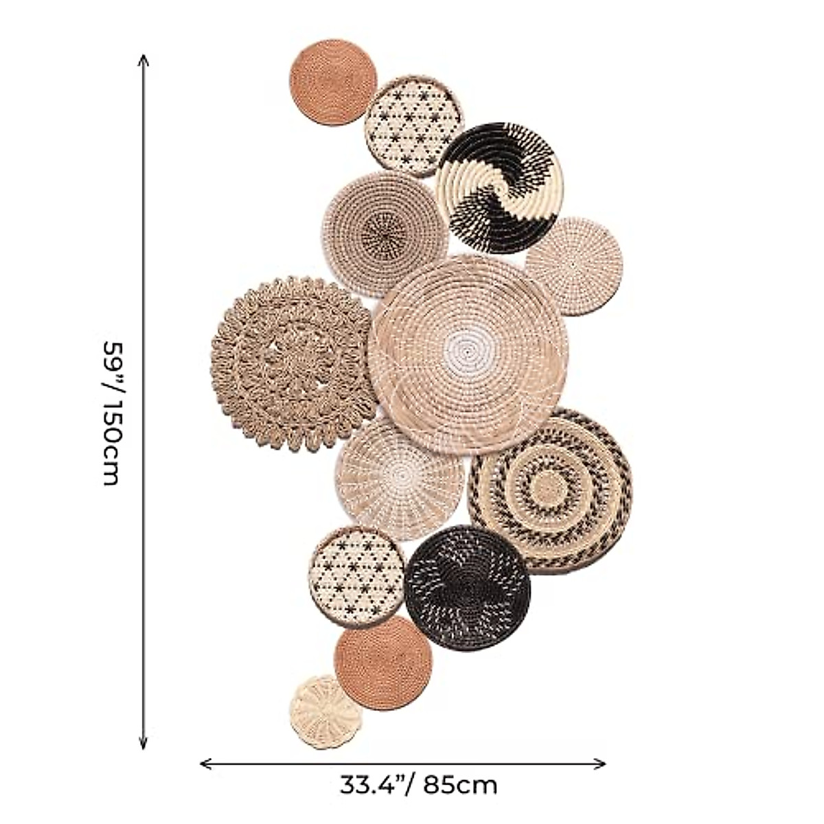 Decocoon Set of 13 Handcrafted Boho Wall Basket Decor, Easy Hanging with Loops, Natural Materials, Suitable for Any Home Style, Vietnamese Woven Basket Wall Decor for Living Room, Bedroom, Kitchen