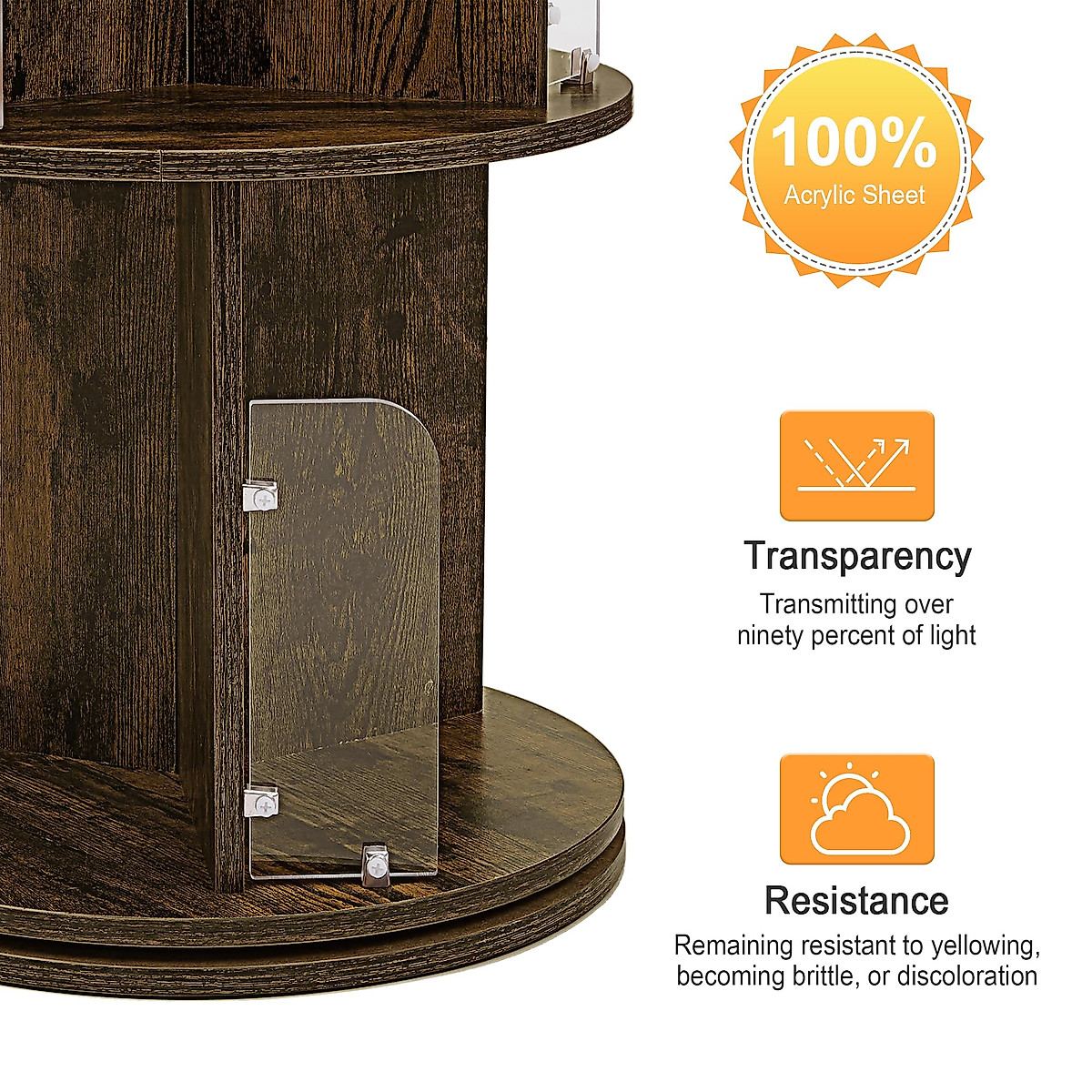 VECELO 4 Tier Revolving Bookshelf Tower, 360° Display Floor Standing Storage Rack with Acrylic Visible Window Partition for Bedroom, Living Room Home and Office, Brown