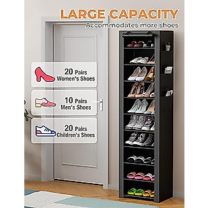 NiHome 10-Tier Tall Shoe Rack with Dustproof Waterproof Cover, Compact Narrow Shoe Rack Free Standing Shoe Storage Organizer for Closet Entryway, Metal Structure Vertical Shoe Shelf Tower, Black