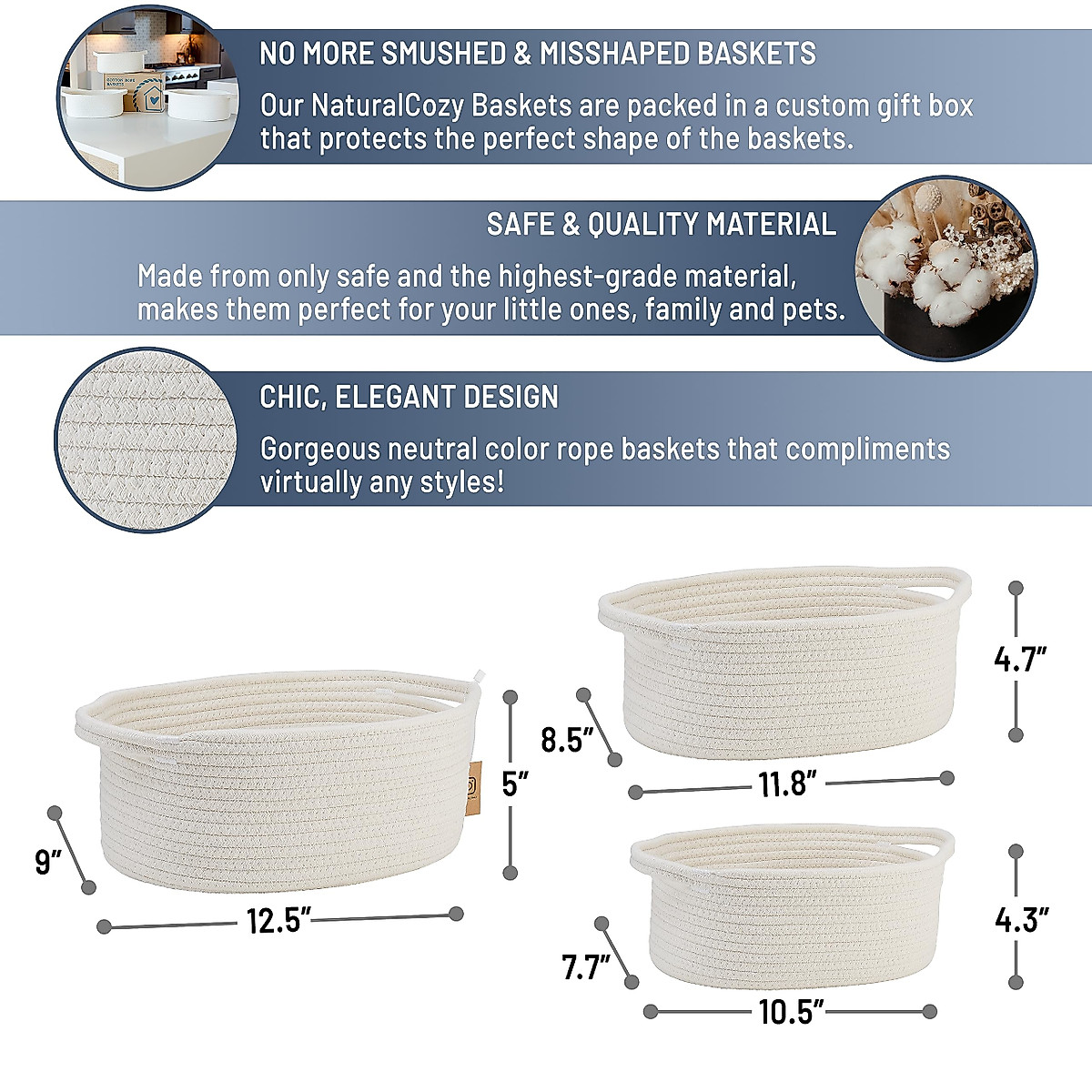NaturalCozy 3-Piece Oval Storage Basket Set– Natural Woven Gift Basket Empty, Soft Baby Basket for Nursery, Cat Dog Toy Baskets, Small Rope Basket (Off White)