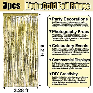3 Pack Light Gold Foil Fringe Curtain Backdrop, 3.28Ft x 8.2Ft Metallic Tinsel Foil Fringe Streamer Curtains for Photo Booth, Halloween, Christmas, Birthday, Wedding Party Decorations