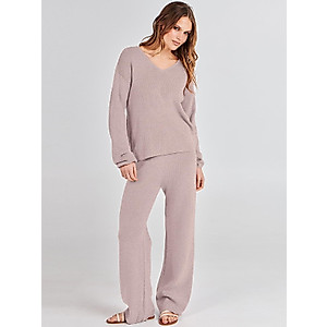 ANRABESS Women 2 Piece Outfits Sweater Lounge Sets Long Sleeve Cable Knit Pullover and Wide Leg Pants Tracksuit Matching Set Large