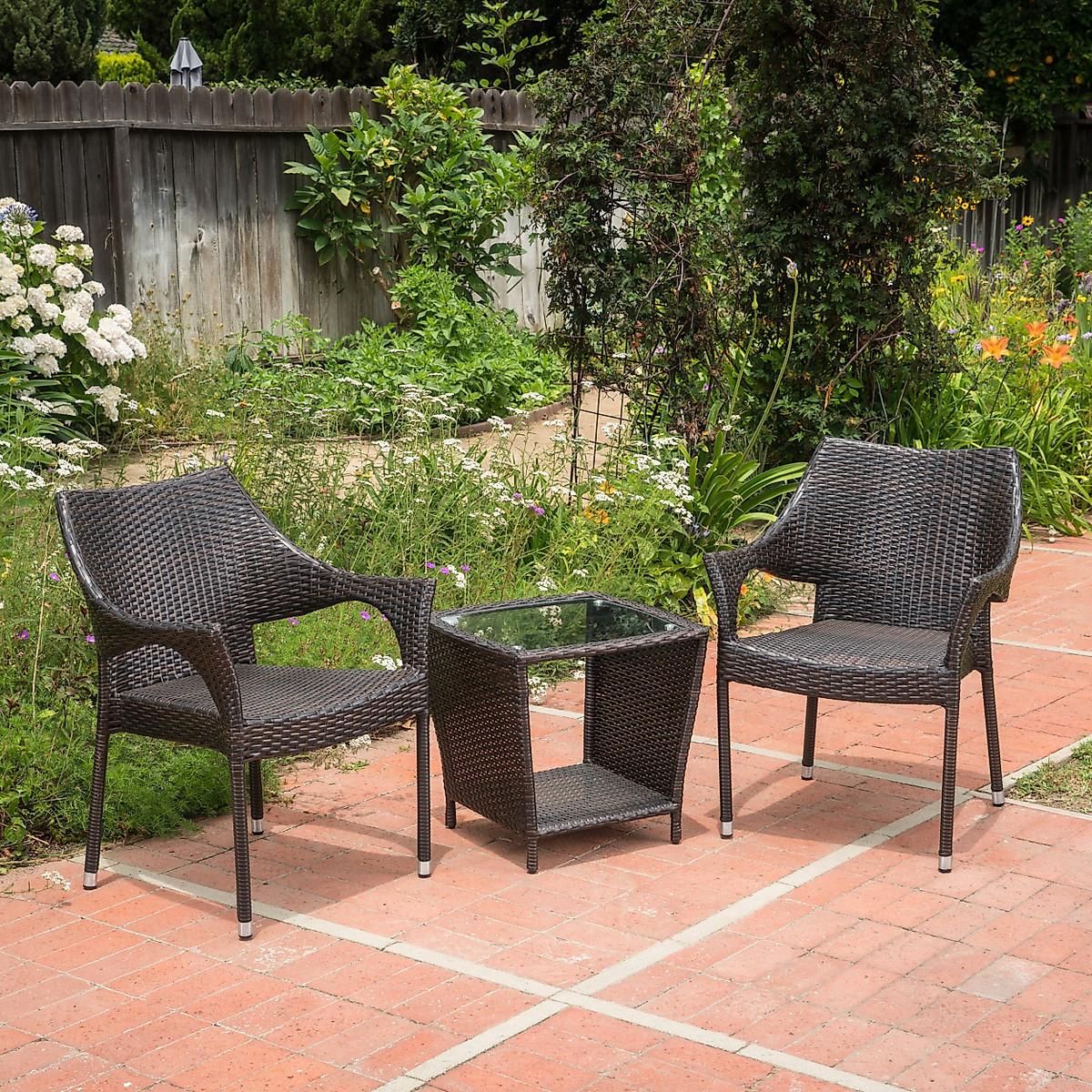 Christopher Knight Home Jenning Outdoor Wicker Stacking Chair Chat Set, 3-Pcs Set, Multibrown