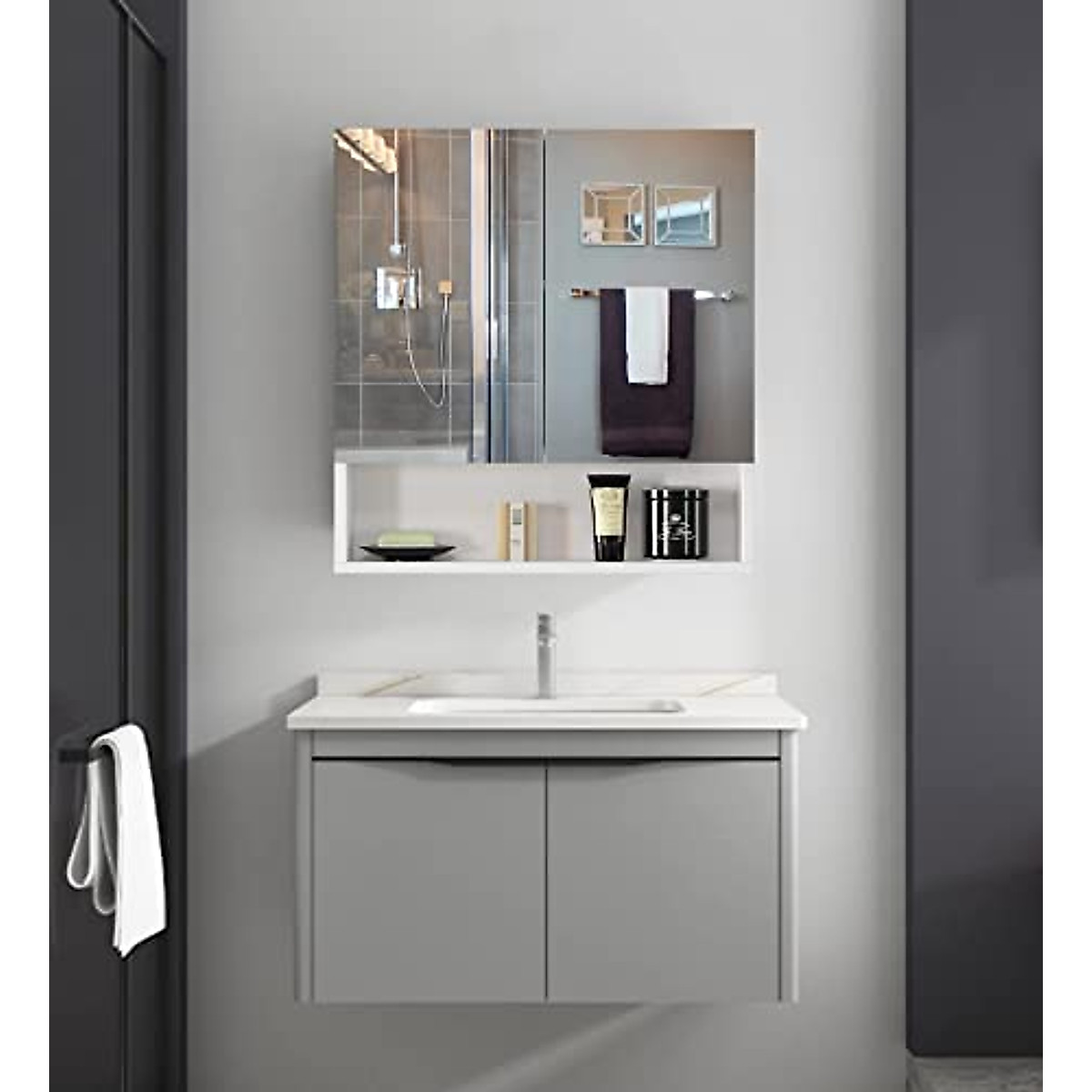 Bathroom Medicine Cabinet with Adjustable Shelf and Double Mirror Doors, Wooden Wall Mirror Cabinet Multipurpose Storage Organizer Bathroom, Living Room, White, 20.9 x 5.1 x 22.8 in