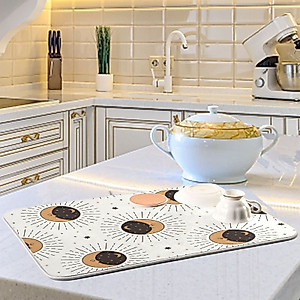 FOLIOSA Vintage Moon Sun Dish Drying Mat, water Absorbent Heat Resistant Drainer Mat for Countertop 18x24 in