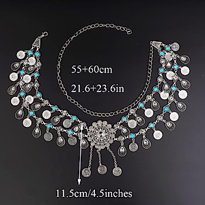Missgrace Bohemian Vintage Blue Turquoise Tassel Crystal Chain Belly Silver Rhinestone Body Chains Handmade Indian Body Accessories Jewelry for Women