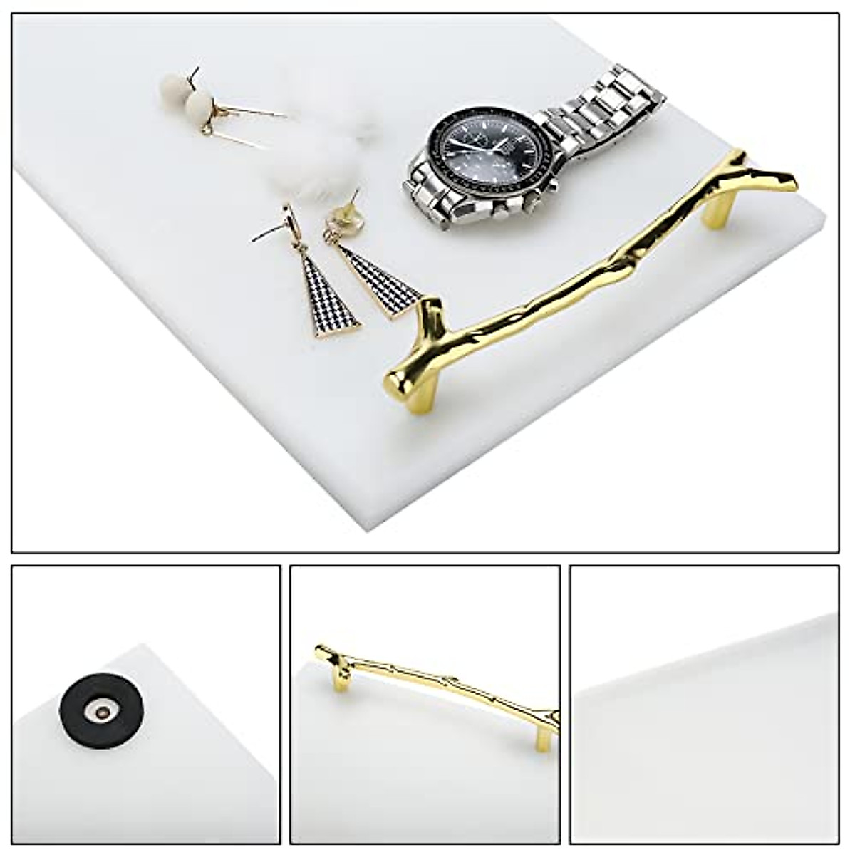 HighFree Marble Stone Decorative Tray with Gold Handles, Real Marble Tray, Handmade Jewellery Tray Catchall Tray Perfume Tray for Counter, Vanity, Dresser, Nightstand and Desk…