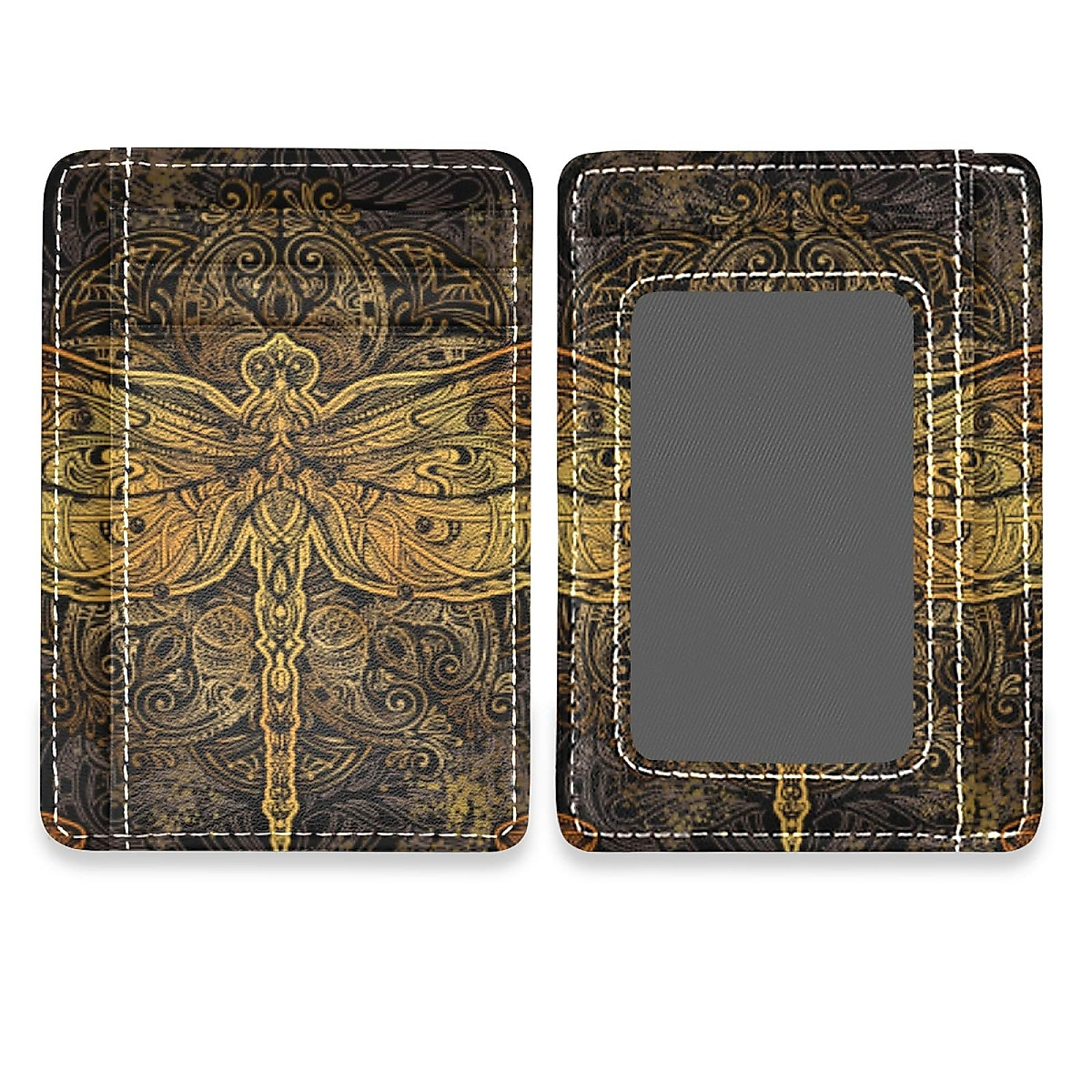 Linomo Thin leather Card Holder and Money Clip Mandala Dragonfly Design Wallet RFID Blocking for Men & Women